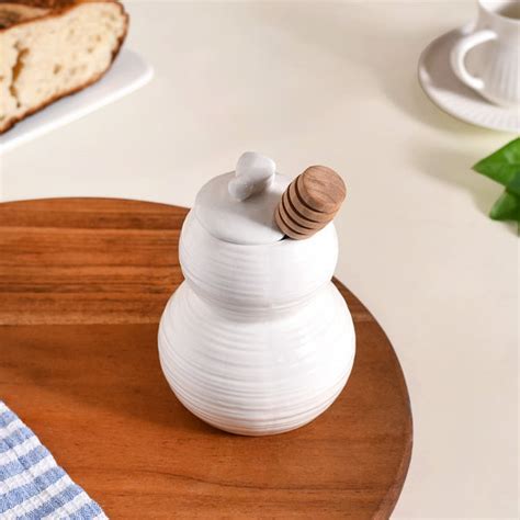 White Honey Pot With Wooden Dipper 350ml Online Premium Jar With Lid Nestasia