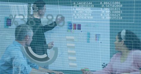Presenting Data And Graphs Business Team In Meeting With Digital Animation Overlay Stock Video