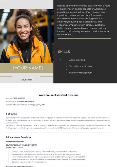Free Warehouse Assistant Resume Template To Edit Online