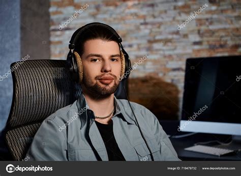 Man Headphones Immersed Music Production Computer Recording Studio Music Band Stock Photo