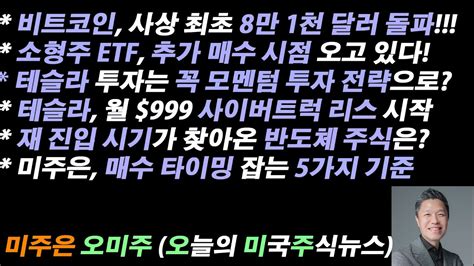 오늘의 미국주식뉴스 비트코인 전망 테슬라 모멘텀 투자 전략으로 매매하라 매수 시기 찾아온 반도체 주식 소형주 Etf 추가 매수 시점 왔다 미주은 매수