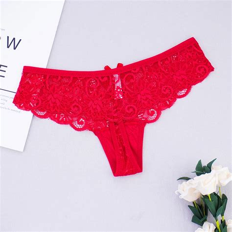 Womens Full Lace Thong Panties Sexy Tangas See Through Underwear G String Hollow Out Low Cut Bow