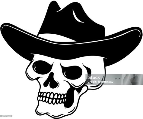 카우보이 모자에 두개골의 그림 엠블럼 기호 포스터 카드 배너를 위한 디자인 요소 벡터 일러스트레이션 인간의 골격에 대한 스톡