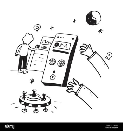 A Whimsical Hand Drawn Illustration Depicting A Person Interacting With A Futuristic Control