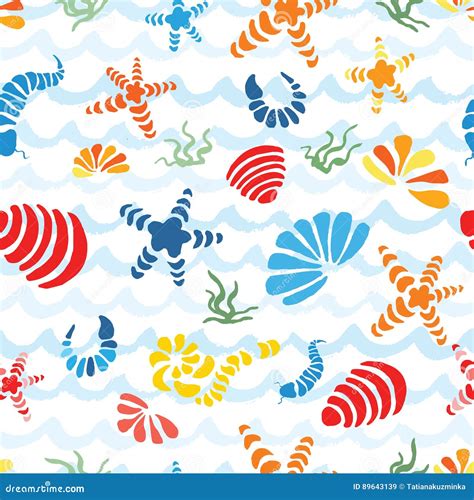 Hand Drawn Seamless Repeat Pattern With Seashells On Blue Waves
