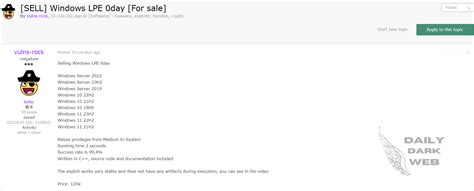 Threat Actor Claims To Be Selling Windows Lpe 0 Day Exploit For 120 000 Daily Dark Web