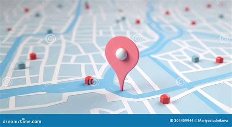 red geolocation marker on the map in 3d style navigation system stock