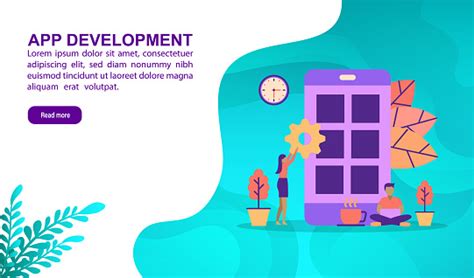 캐릭터와 앱 개발 일러스트 개념입니다 배너 프레젠테이션 소셜 미디어 포스터 광고 및 프로 모션에 대 한 템플릿 개념에 대한 스톡 벡터 아트 및 기타 이미지 Istock