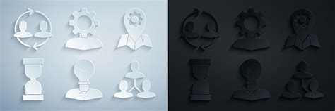 램프 전구 위치 작업 오래된 모래 시계 흐르는 모래 프로젝트 팀 베이스 내부 기어 및 자원 아이콘으로 인간의 머리를 설정합니다 벡터 3차원 형태에 대한 스톡 벡터 아트 및