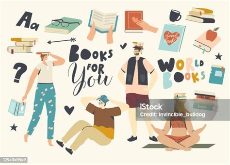 독자 여성과 남성 머리 위에 책을 들고 독서 도서관에서 시간을 보내는 젊은 학생 학생 또는 책벌레 책에 대한 스톡 벡터 아트 및