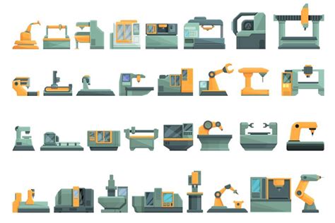 Cnc Machine Icons Set Cartoon Vector Mill Controller
