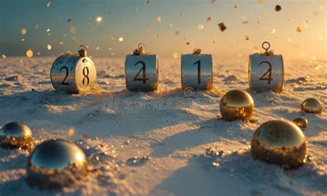 a row of four chrome balls are arranged in the snow with the numbers