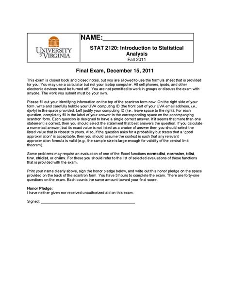 Final Exam Introduction To Statistical Analysis Fall 2011 Stat