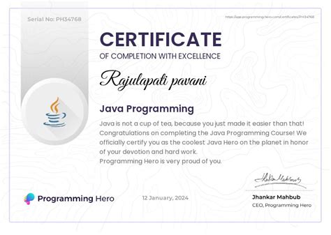 I Completed Basic Java Programming In Programming Hero Pavani Rajulapati