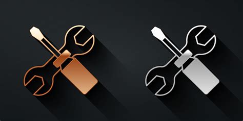 금색과 은색 드라이버와 렌치 스패너 도구 아이콘은 검은 배경에 고립되어 있습니다 서비스 툴 기호입니다 긴 그림자 스타일 벡터 건설 기계류에 대한 스톡 벡터 아트 및 기타