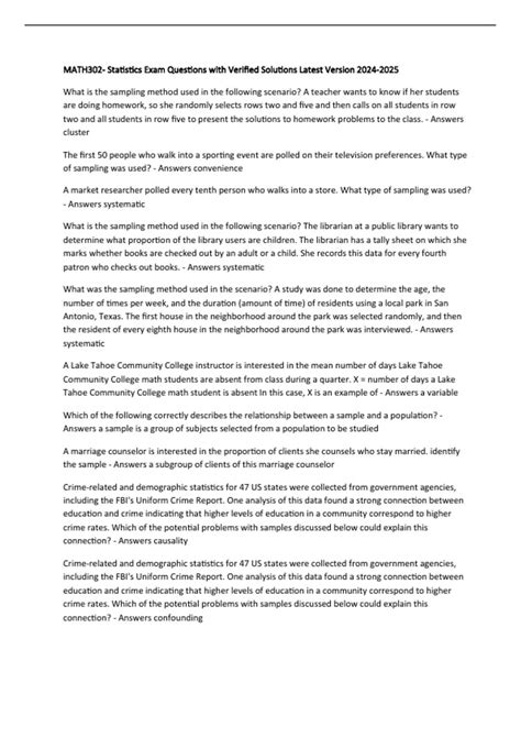 Math302 Statistics Exam Questions With Verified Solutions Latest Version Math302 Statistics