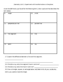 Geometry Unit 1 Vocabulary By Christine Fritzen TPT