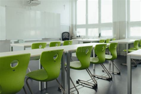 Science Lab Or Classroom In School Empty Classroom With Green Plastic Chairs Stock Image