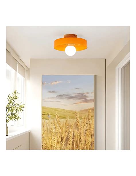 Plafonnier En Verre Orange Avec Base En Bois Et Disque Kiki Lighting