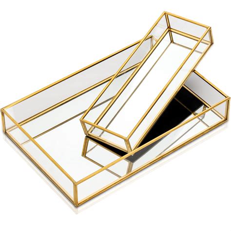Lyellfe 2 Pack Perfume Trays Gold Vanity Tray Decorative Gold Mirror Tray Non Slip