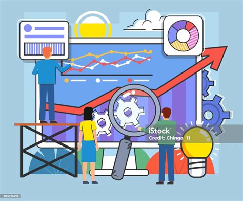 비즈니스 성장 분석 통계 사람들은 다양 한 차트와 큰 화면 근처에 서 있다 소셜 미디어 웹 페이지 배너 프리 젠 테이 션을 위한 포스터 개념에 대한 스톡 벡터 아트 및 기타