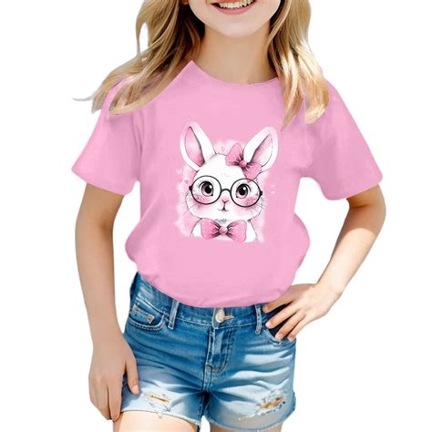 Awzxde Girlscute Bunny Print Casual T Shirtcomfy Short Sleeve Top For