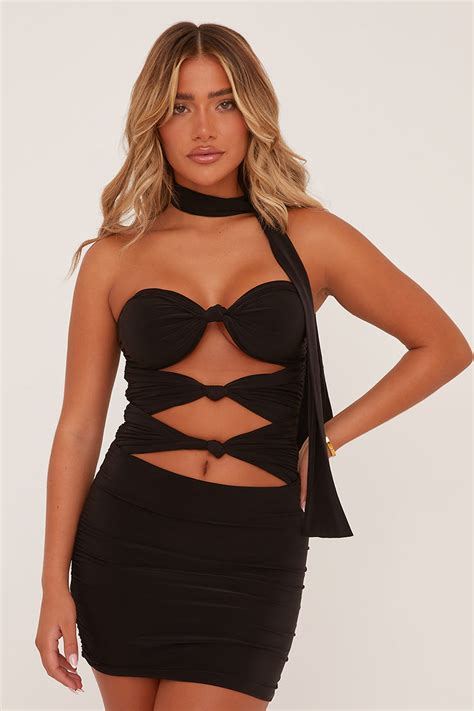 Black Cut Out Knot Detail Bodysuit And Mini Skirt Co Ord Co Ords