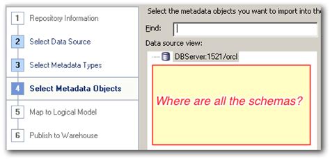 obiee administration tool import metadata shows no schemas