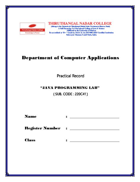 Java Lab Front Page Bca Removed Department Of Java Name Register Number Class Thiruthangal