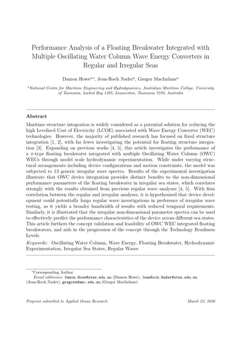 Pdf Performance Analysis Of A Floating Breakwater Integrated With Multiple Oscillating Water