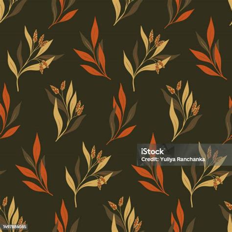 빈티지 스타일의 가을 식물학과 매끄러운 꽃 무늬 야생화 어두운 배경에 나뭇잎이있는 가지 벡터 그림입니다 0명에 대한 스톡 벡터 아트 및 기타 이미지 Istock
