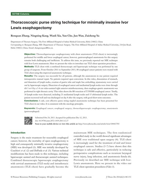 Pdf Thoracoscopic Purse String Technique For Minimally Invasive Ivor Lewis Esophagectomy