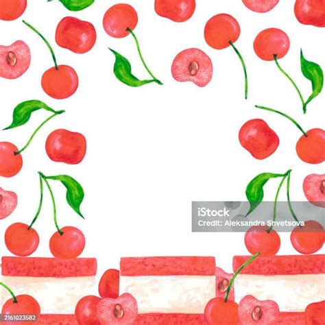 손으로 그린 수채화 케이크 조각 와 익은 체리 화환 프레임 테두리 절연 통하고 있는 White 배경 엽서 초대장 스크랩북 및 기타 인쇄물에 사용할 수 있습니다 0명에 대한