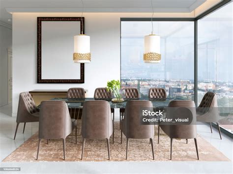현대 다 이닝 룸 교수형 램프로 있다의 자 대리석 바닥에 멋진 항목 테이블 설치 0명에 대한 스톡 사진 및 기타 이미지 0명 가구 건축 Istock