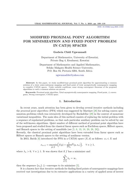 Pdf Modified Proximal Point Algorithm For Minimization And Fixed Point Problems In Cat0 Spaces