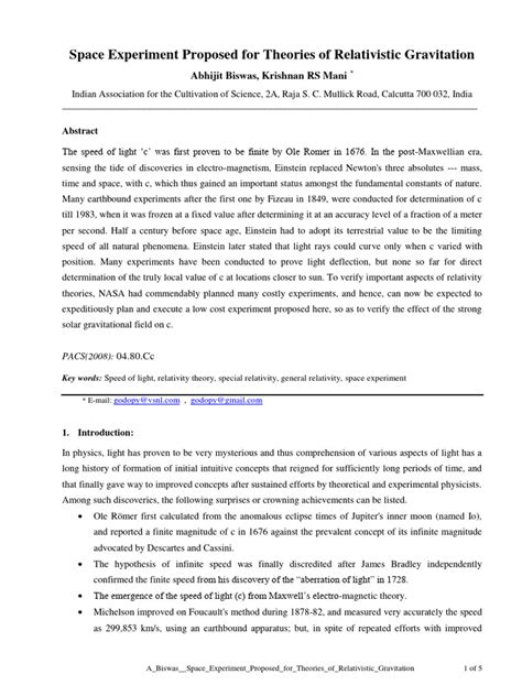 A Biswas Space Experiment Proposed For Theories Of Relativistic Gravitation R Pdf Speed Of