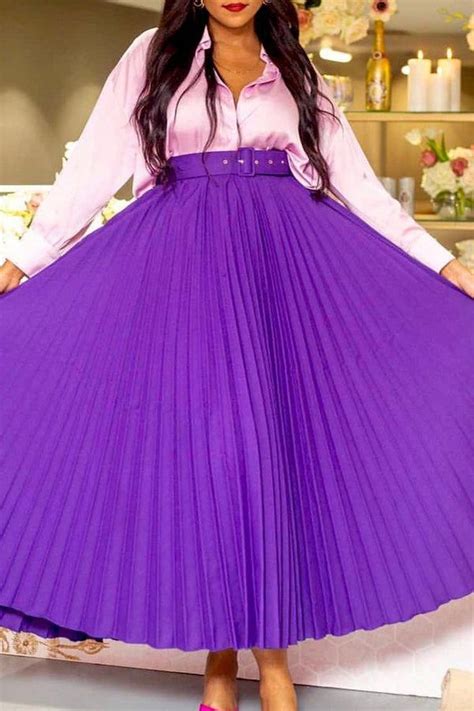 Temperament High Waist Pleated Long Skirt Purple Xl