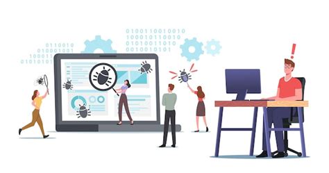 Premium Vector Tiny Characters Fixing Bugs On Huge Pc Software