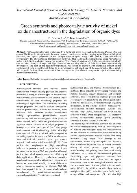 Pdf Green Synthesis And Photocatalytic Activity Of Nickel Oxide Nanostructures In The