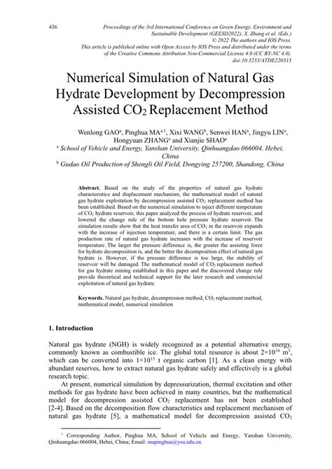 Pdf Numerical Simulation Of Natural Gas Hydrate Development By Decompression Assisted Co2