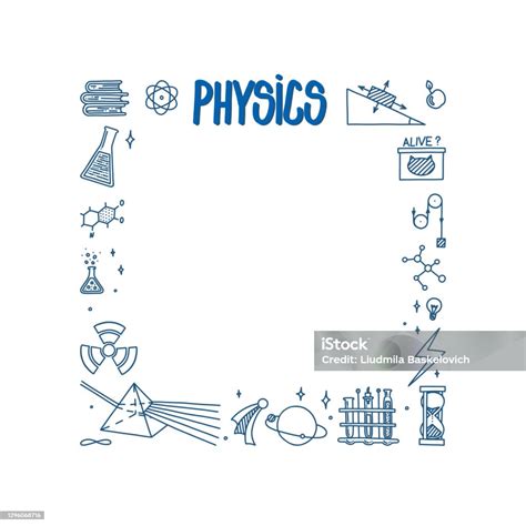 물리학은 가벼운 프리즘 책 원자와 다른 실험낙서 텍스트 공간이 있는 사각형 프레임입니다 흰색 배경에서 격리 된 물리 이론 요소
