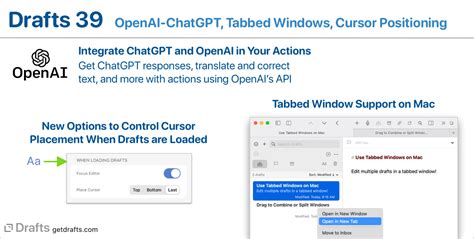 Drafts 39 Released OpenAI ChatGPT Tabbed Windows Cursor Positioning