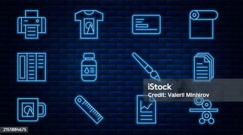 선 설정 인쇄기의 용지 롤 파일 문서 명함 프린터 잉크병 브로셔 페인트 브러시 및 티셔츠 아이콘 벡터 그래픽 프린트에 대한 스톡