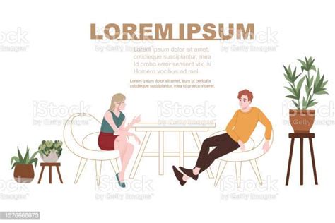 안락한 커플은 부드러운 의자에 앉아 캐주얼 한 옷을 입고 귀여운 사람들 흰색 배경에 식물 포드 플랫 벡터 일러스트레이션 Brand Name Online Messaging