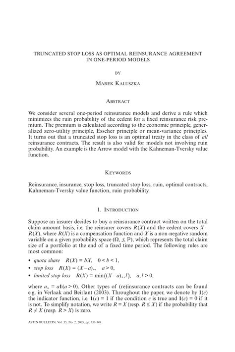 Pdf Truncated Stop Loss As Optimal Reinsurance Agreement In One Period Models