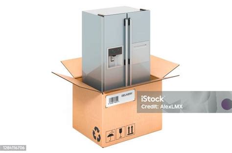 골판지 상자 배달 개념 내부의 더블 도어 냉장고 흰색 배경에서 격리된 3d 렌더링 3차원 형태에 대한 스톡 사진 및 기타 이미지 3차원 형태 가정 생활 가정 주방