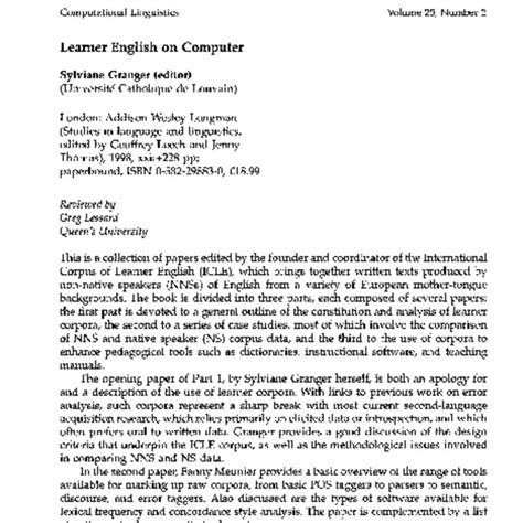 Book Reviews Learner English On Computer Acl Anthology