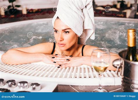 Young Woman Relaxing In The Hot Tub Stock Image Image Of Hydrotherapy