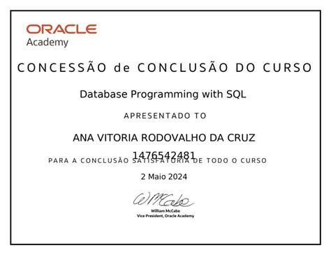 Certificado Database Programming With Sql Ana Vitória Rodovalho