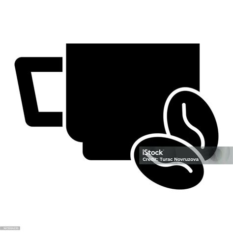 컵과 코코아 콩 단단한 아이콘입니다 커피 곡물 기호가 있는 뜨거운 음료 머그잔 흰색 배경에 상형 문자 스타일의 픽토그램 모바일